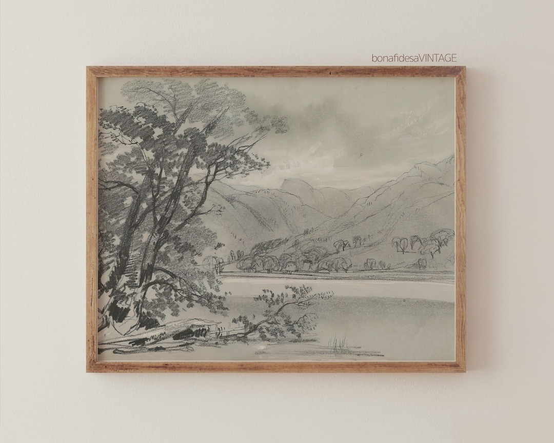 Gray Landscape Sketch, Vintage Graphite Drawing, Antique Landscape Art ...