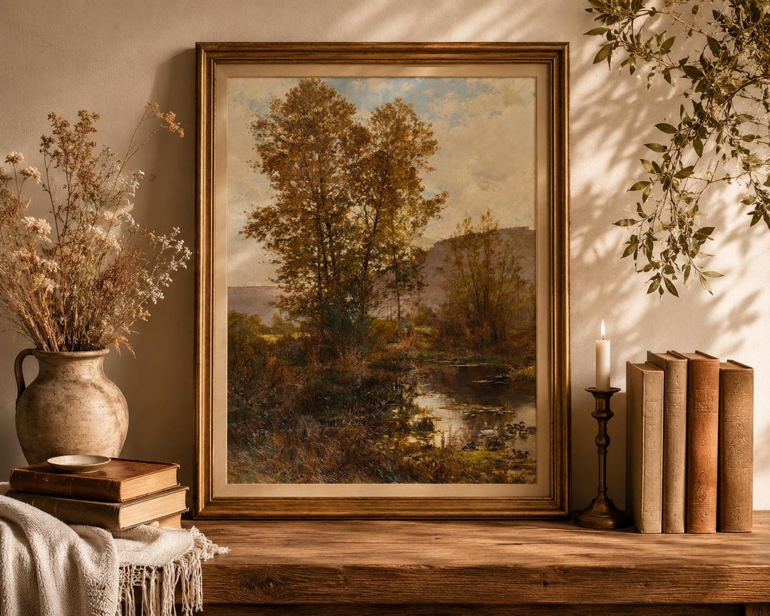 Fall Landscape Printable Wall Art, Rustic Farmhouse Duck Pond, Vintage ...