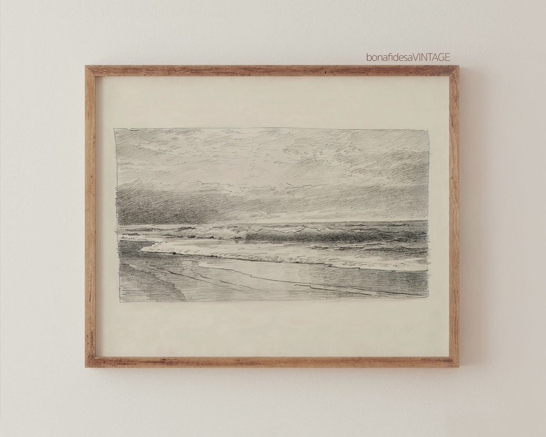 Vintage Seascape Drawing - Charcoal Coastal Print - Antique Beach ...