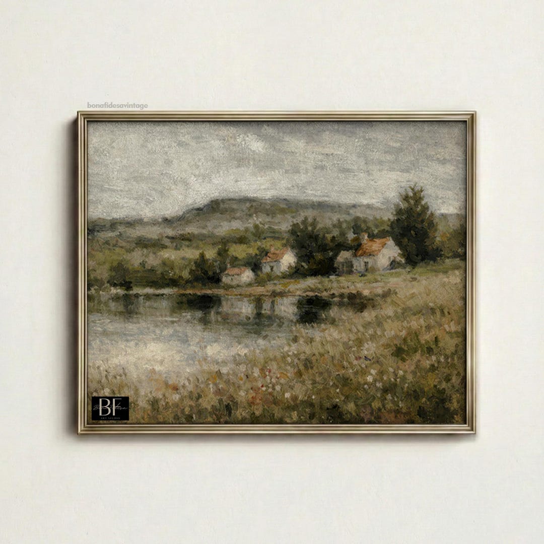 Cottagecore Lake House Wall Art, Serene Rural Landscape Print, Antique ...