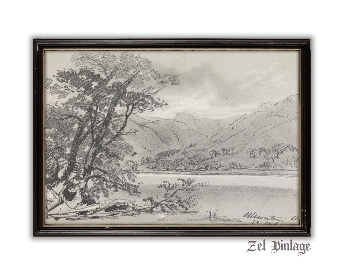 Gray Landscape Sketch Vintage Graphite Drawing Antique - Etsy