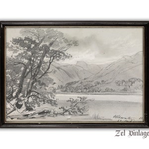Gray Landscape Sketch Vintage Graphite Drawing Antique - Etsy