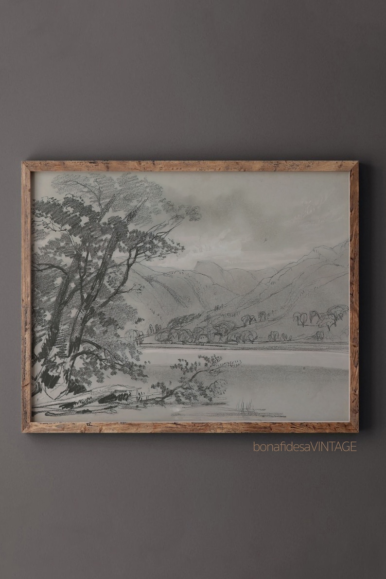 Gray Landscape Sketch, Vintage Graphite Drawing, Antique Landscape Art ...