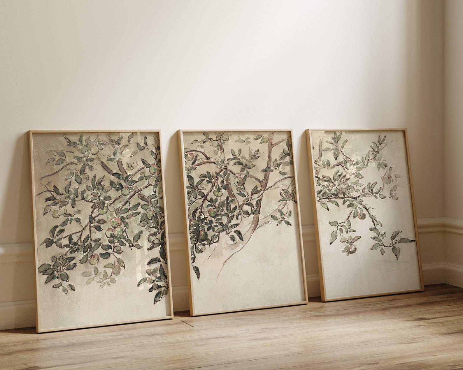 Set of 3 Vintage Apple Tree Branch Split Wall Prints | Neutral Rustic ...