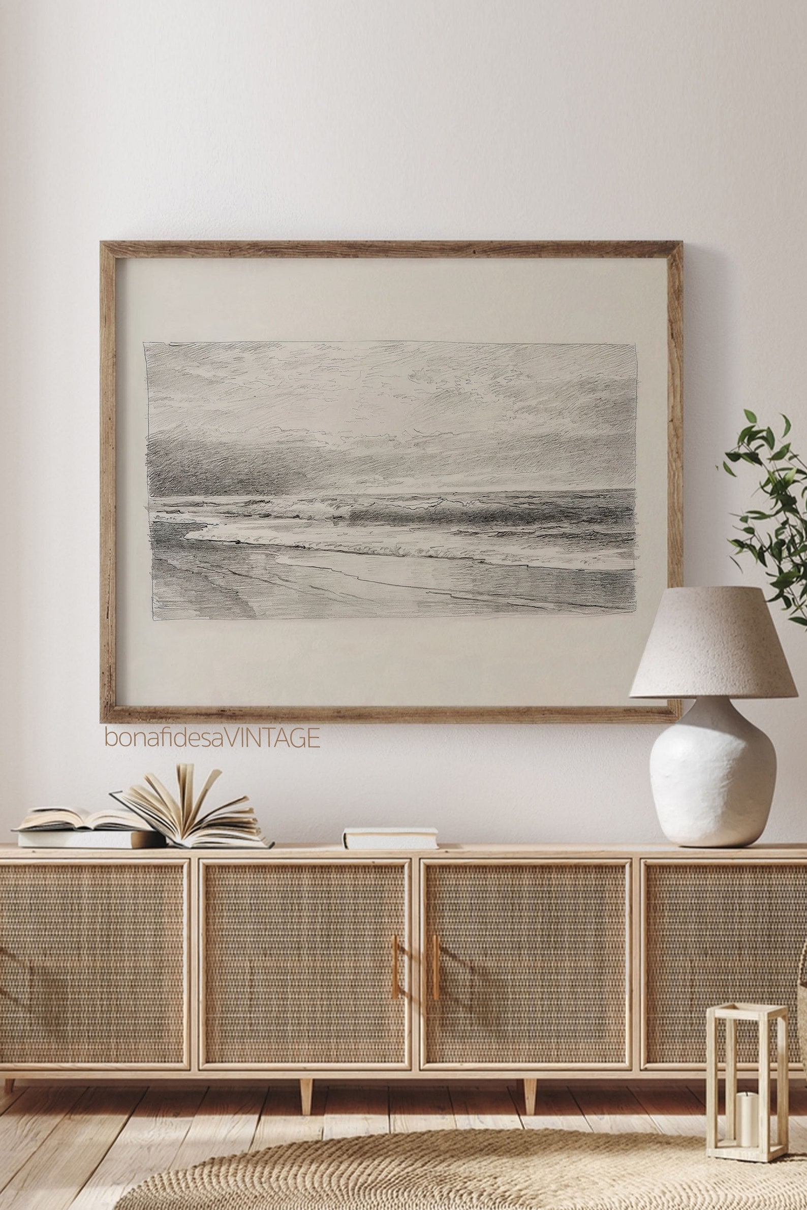 Vintage Seascape Drawing - Charcoal Coastal Print - Antique Beach ...
