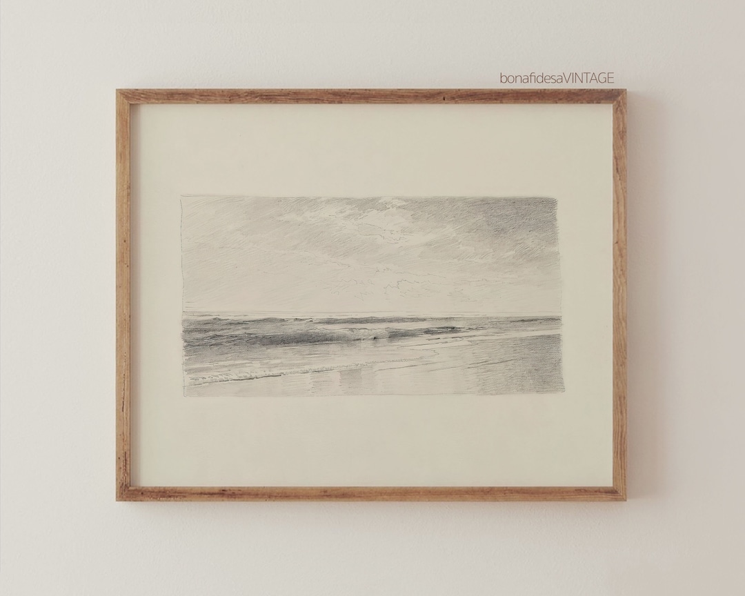 Vintage Graphite Seascape Print - Coastal Wall Art - Antique Beach Art ...