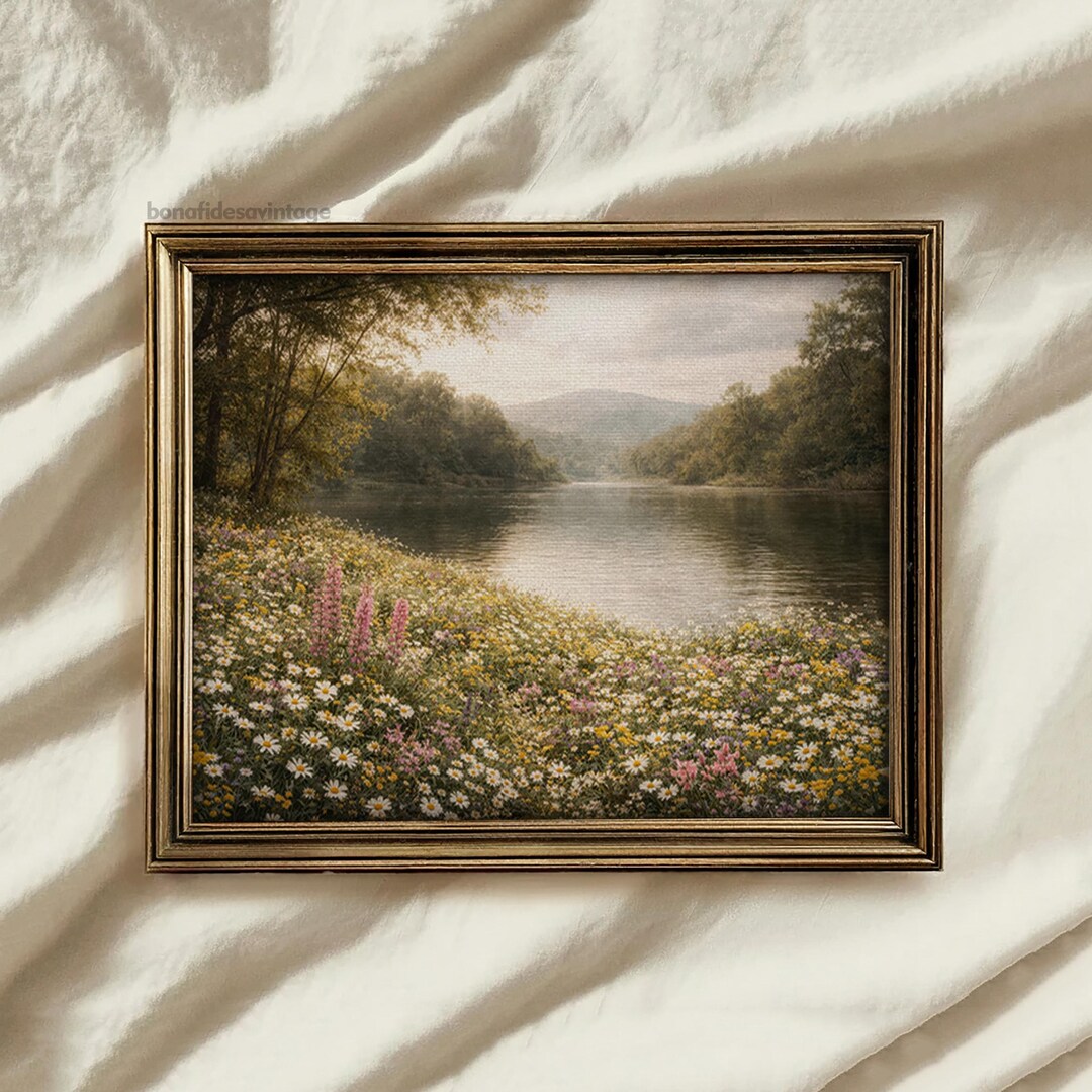 Arte de parede imprimível com paisagem de prado florido, decoração de ...