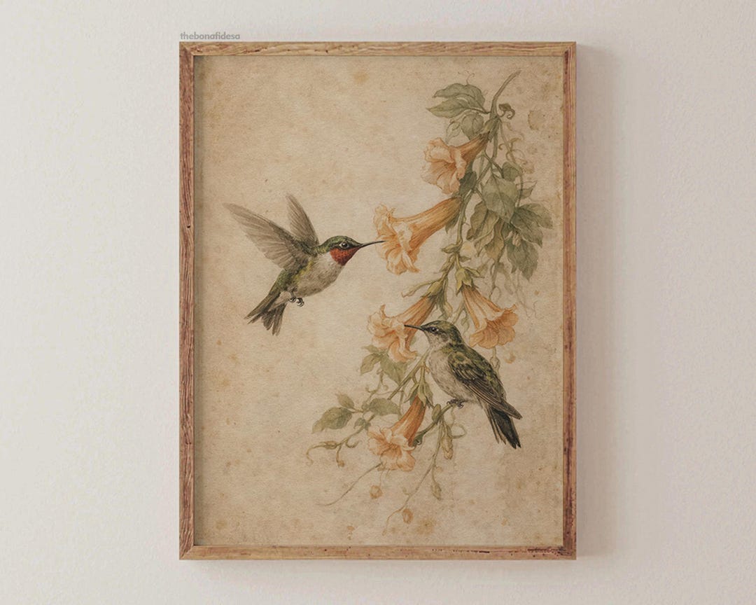 Printable Hummingbird Wall Art Vintage Botanical, Neutral Victorian ...