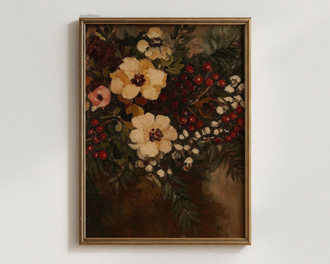 Winter Flower Print Christmas Decor, Vintage Printable Wall Art, Dark ...