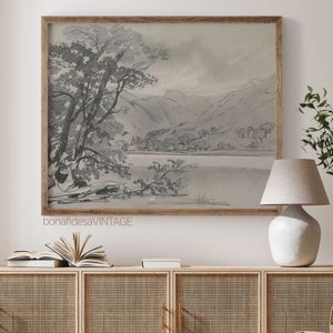 Gray Landscape Sketch, Vintage Graphite Drawing, Antique Landscape Art ...