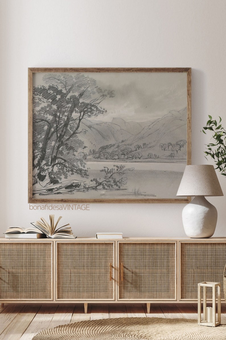Gray Landscape Sketch, Vintage Graphite Drawing, Antique Landscape Art ...