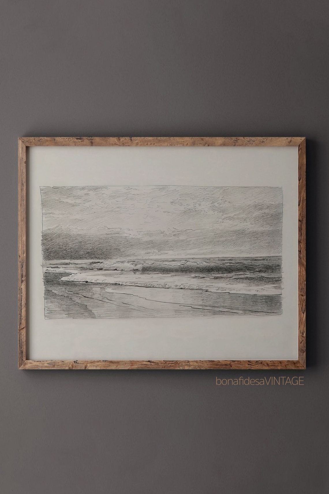 Vintage Seascape Drawing Charcoal Coastal Print Antique Beach Sketch ...
