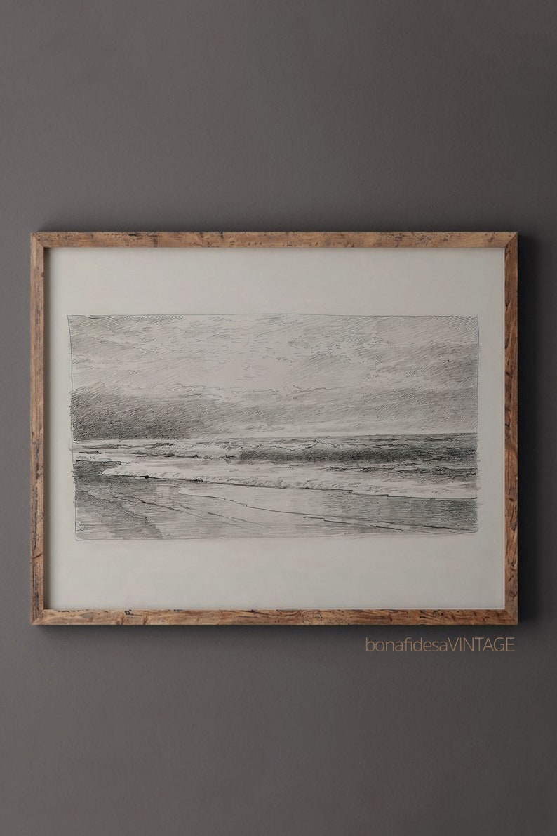 Vintage Seascape Drawing Charcoal Coastal Print Antique Beach Sketch ...