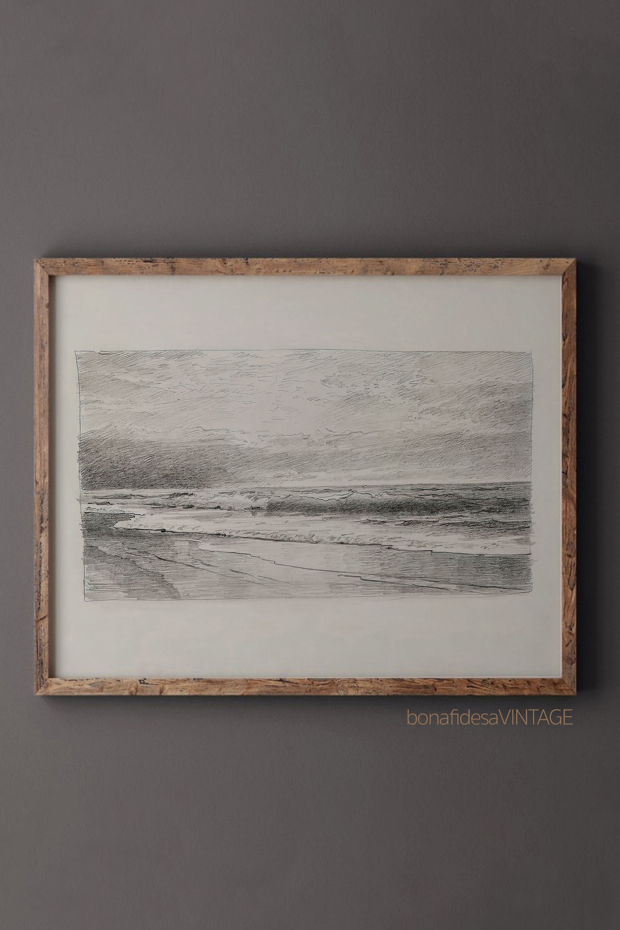Vintage Seascape Drawing - Charcoal Coastal Print - Antique Beach ...