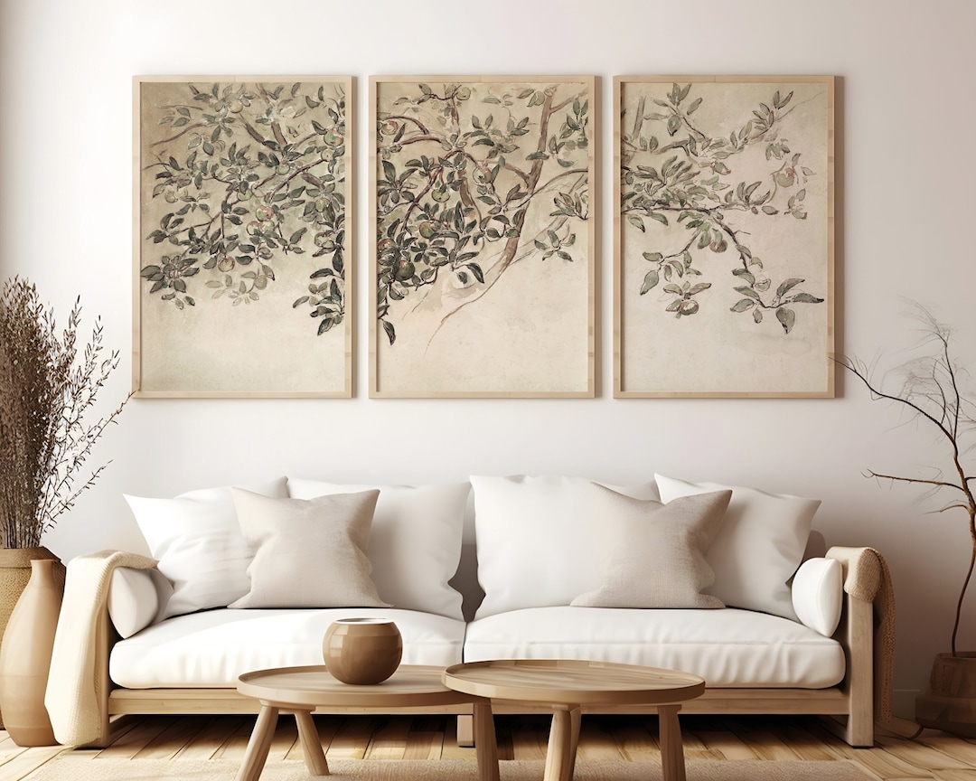 Set of 3 Vintage Apple Tree Branch Split Wall Prints | Neutral Rustic ...