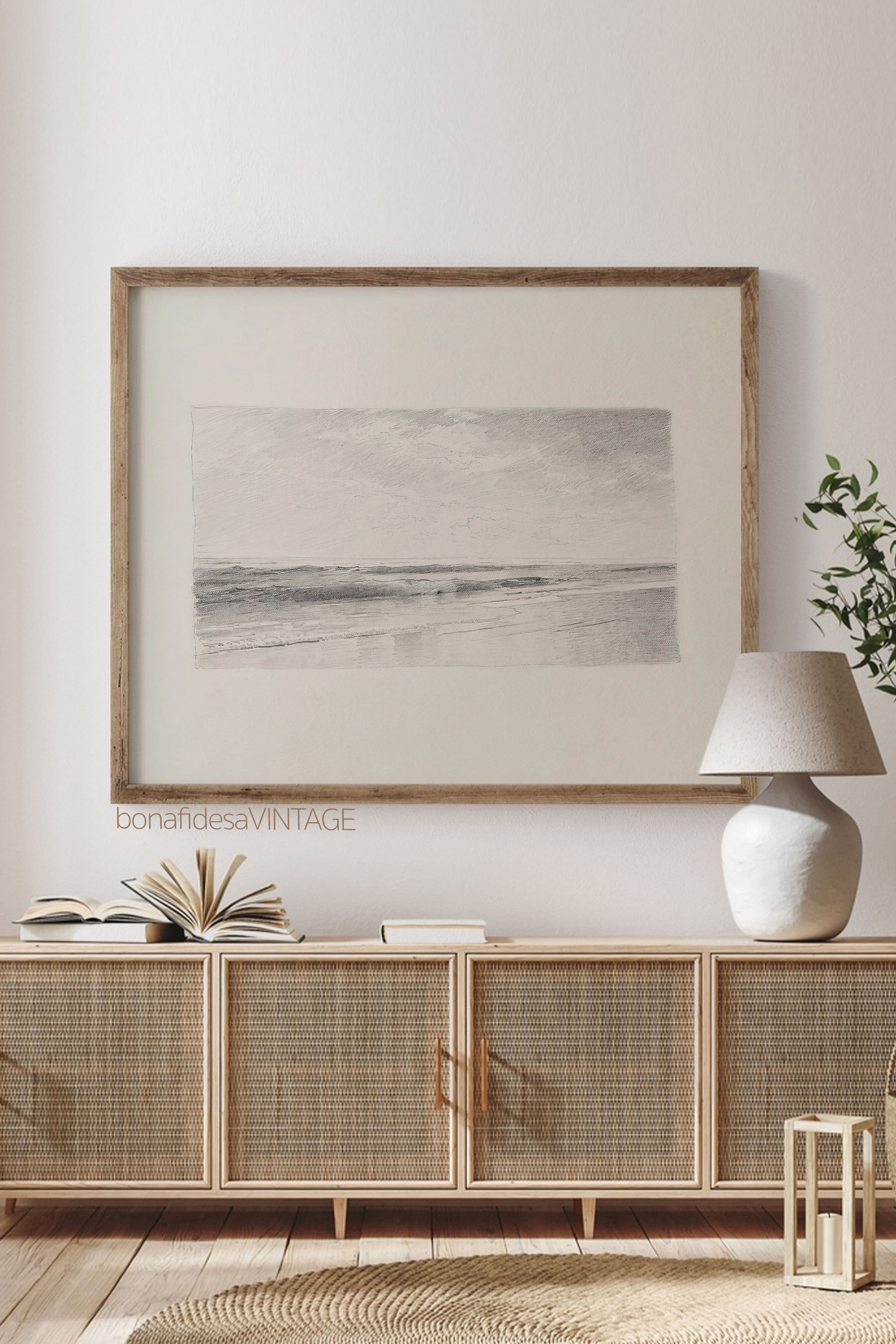 Vintage Graphite Seascape Print Coastal Wall Art Antique Beach Art ...
