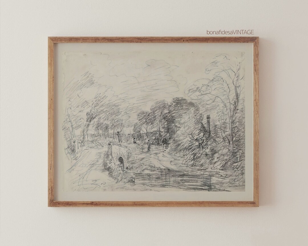 Landscape Charcoal Drawing - Vintage Fine Art Print - Antique ...