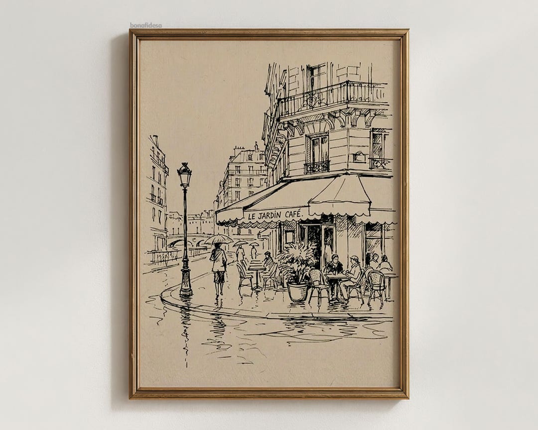 Vintage Parisian Cafe Sketch Print, Minimalist Cityscape Line Drawing ...
