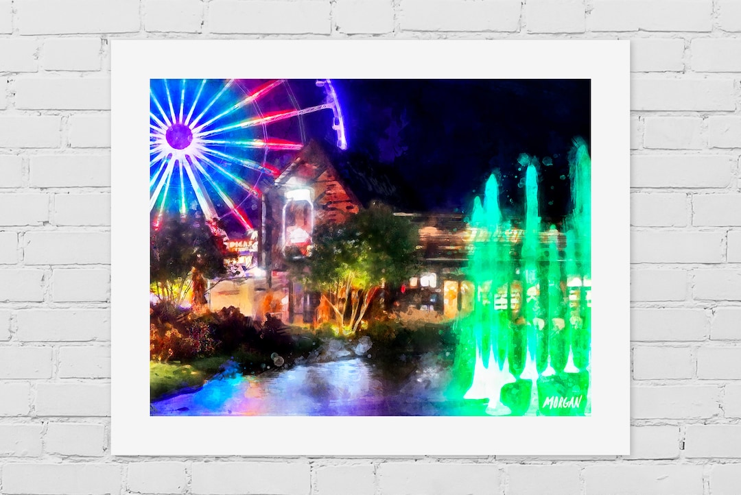 Pigeon Forge Art Print: the Island at Night Watercolor Painting - Etsy