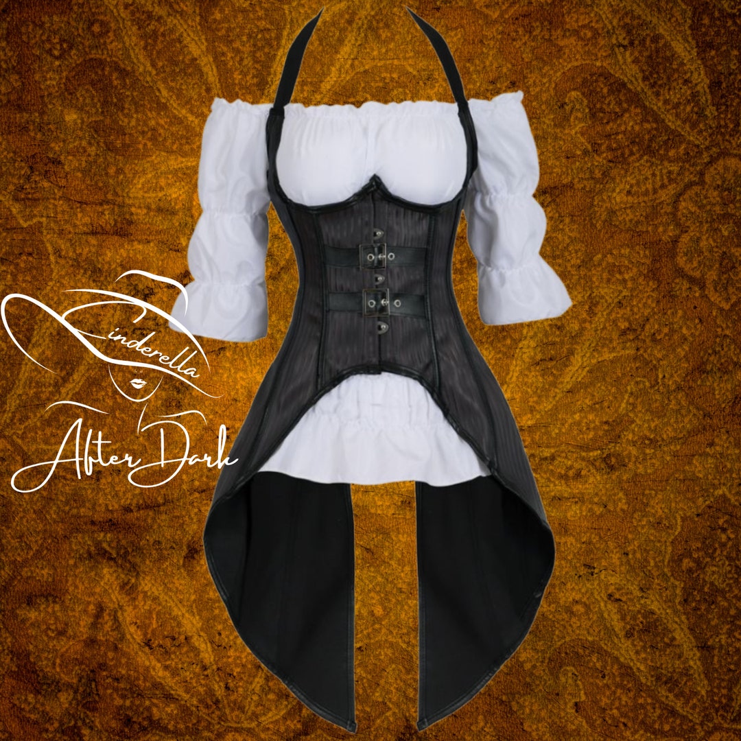 Gothic Victorian Black Winged Corset With White Ruffle Blouse PU ...