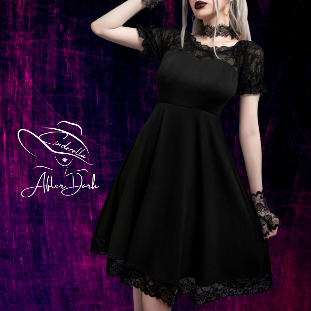 Black Gothic Contrast Lace Bloodlines Dress Round Neck Puff Sleeve Lace ...