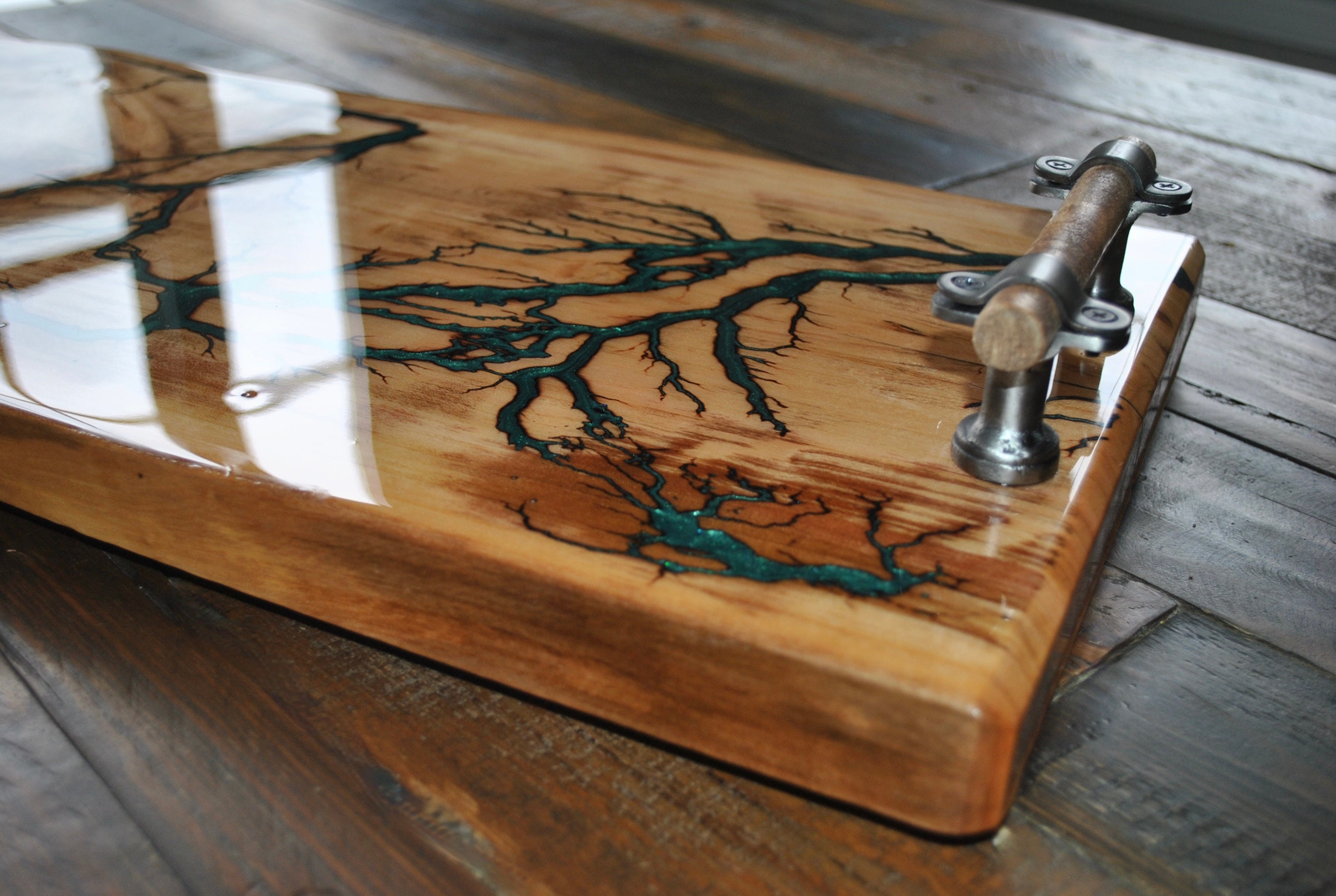 Large Live Edge Fractal Wood Burned Serving Tray With Handles/ Emerald ...