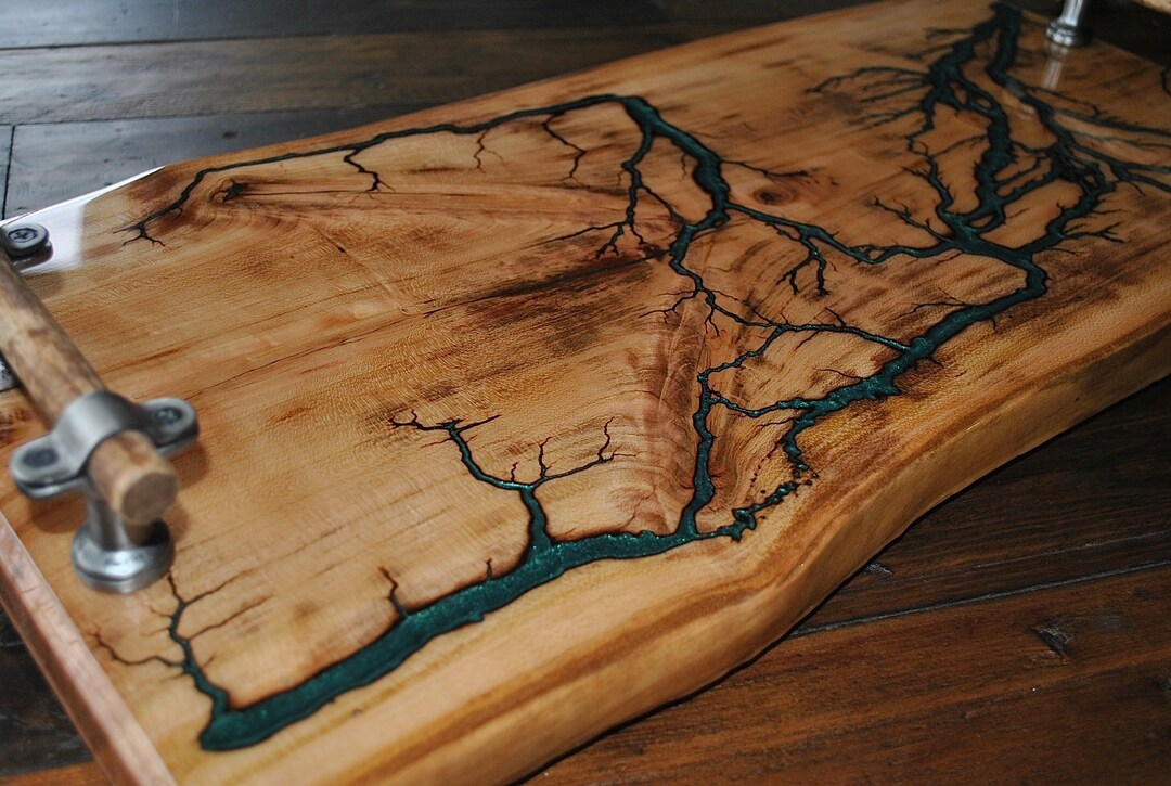 Large Live Edge Fractal Wood Burned Serving Tray With Handles/ Emerald Green Color Epoxy/decor ...