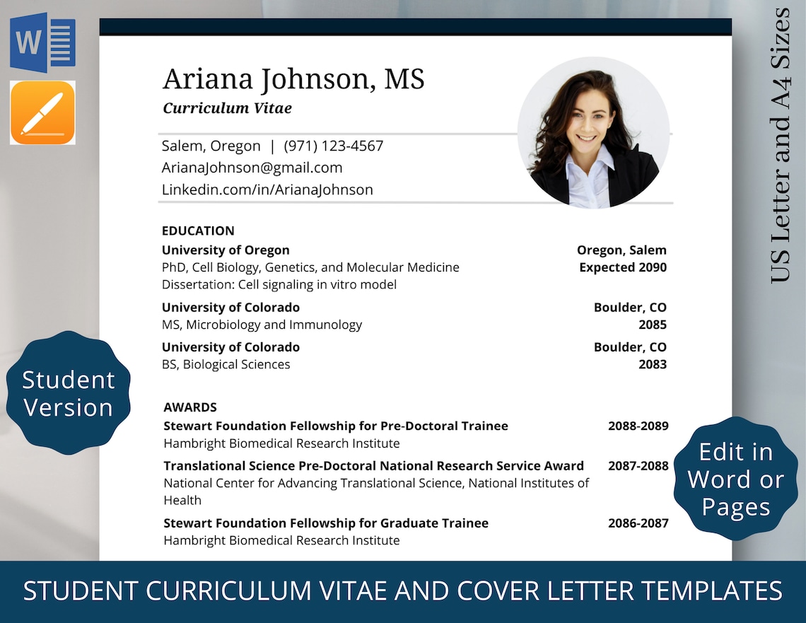 Student Curriculum Vitae Template Picture & Professional Cover Letter ...