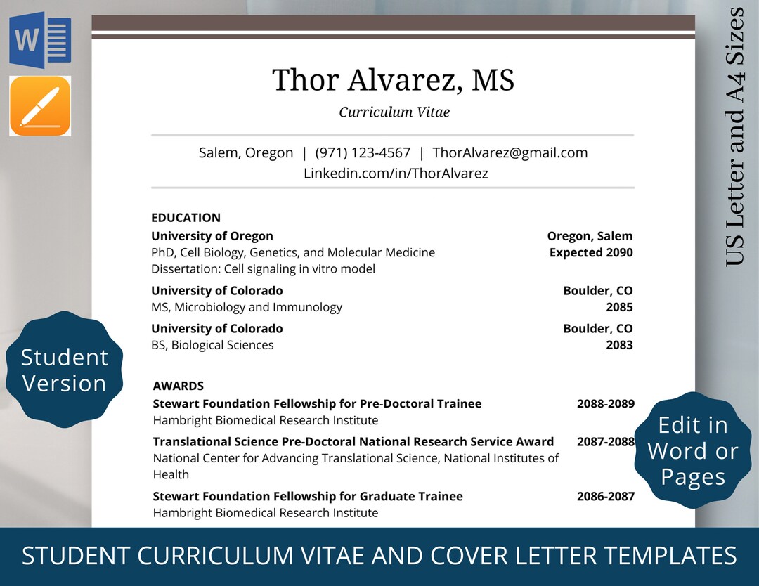 Academic Curriculum Vitae Student CV Template for Job Application ...