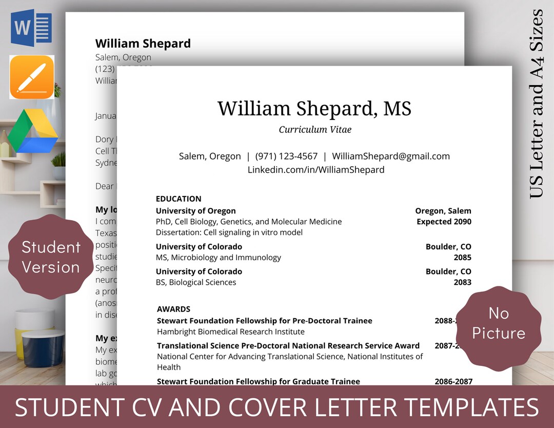 Student Curriculum Vitae Template & Professional Cover Letter Template ...