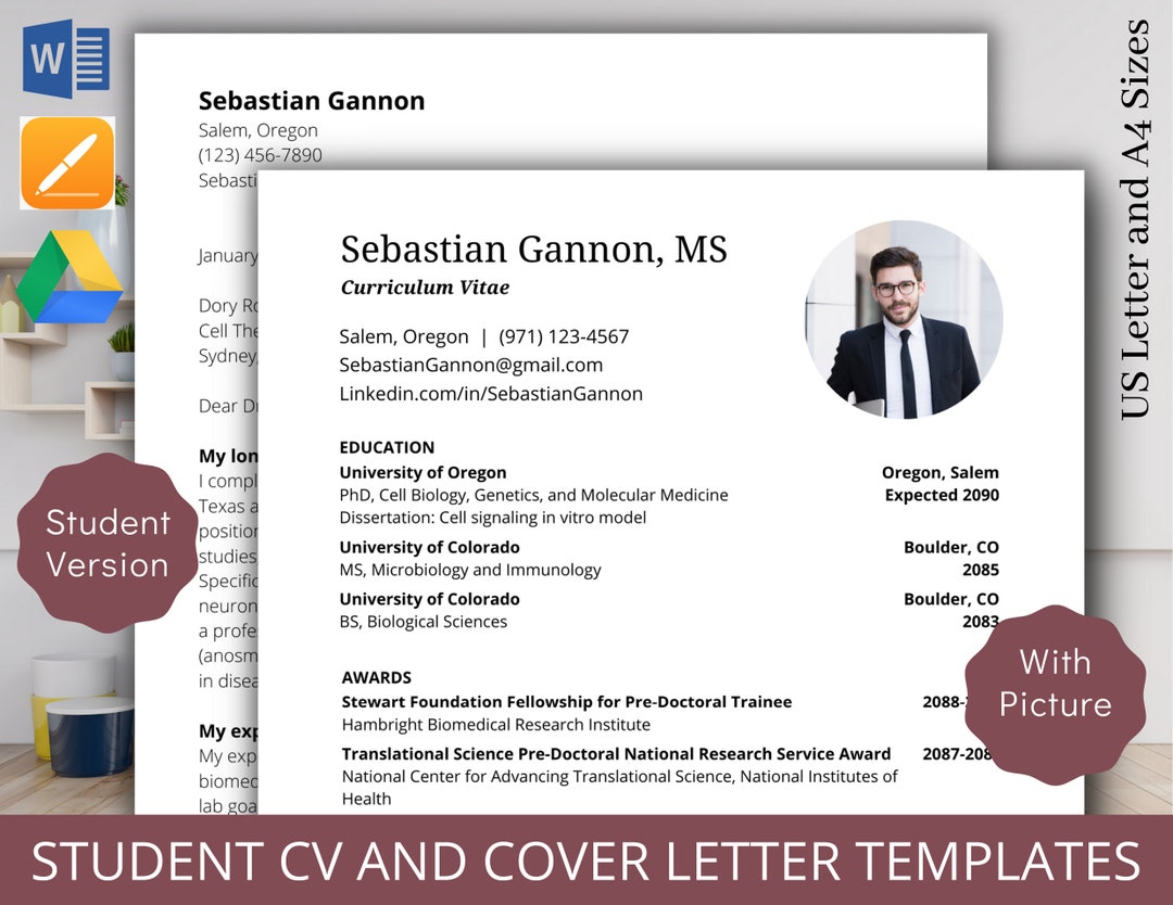 Student Curriculum Vitae Template Picture & Professional Cover Letter ...