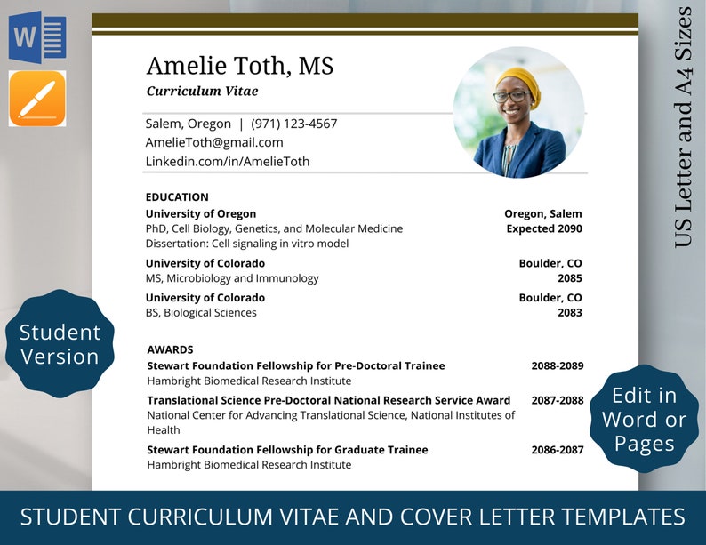 Science Curriculum Vitae Student CV Picture Template for Job ...