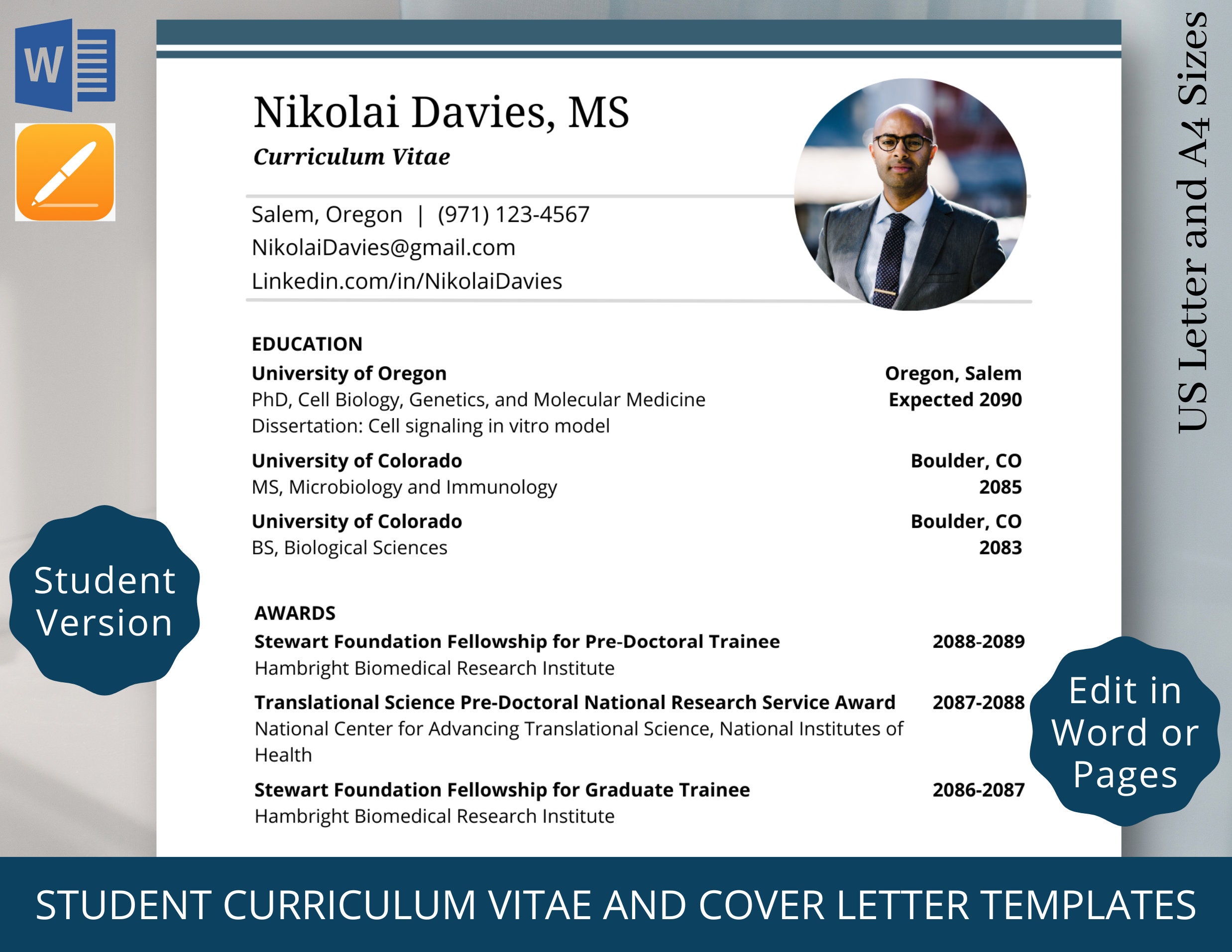 Scientist Curriculum Vitae Student Picture CV Template Word for Job Application Professional ...