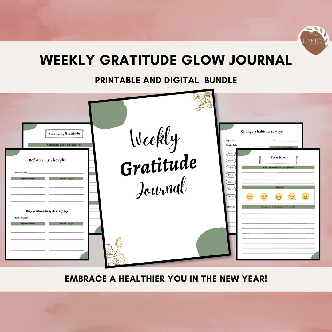 Weekly Gratitude Glow Journal, Self Care Journal, Journal With Prompts ...