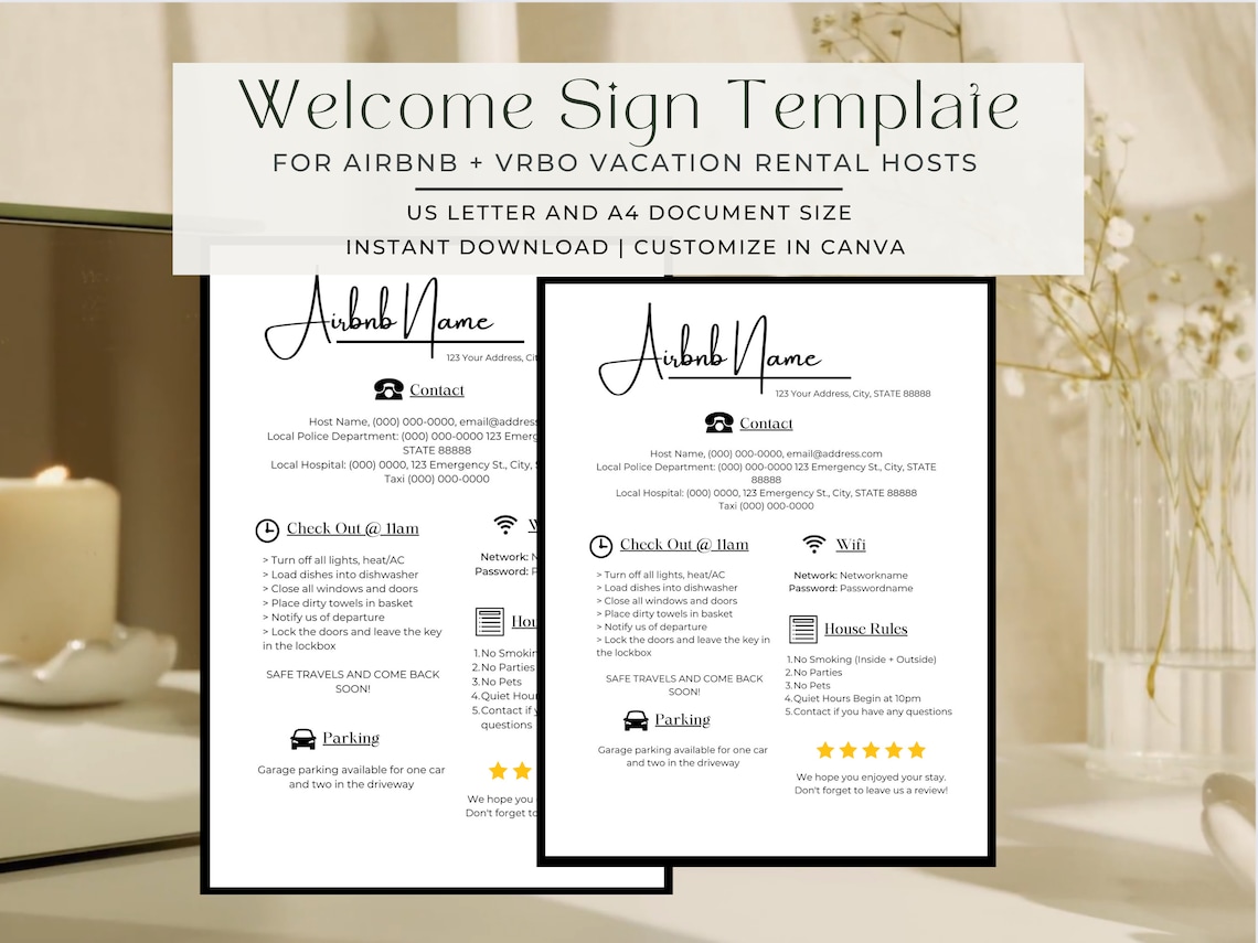 Single Page Welcome Sign Template Printable | Airbnb and VRBO Vacation ...