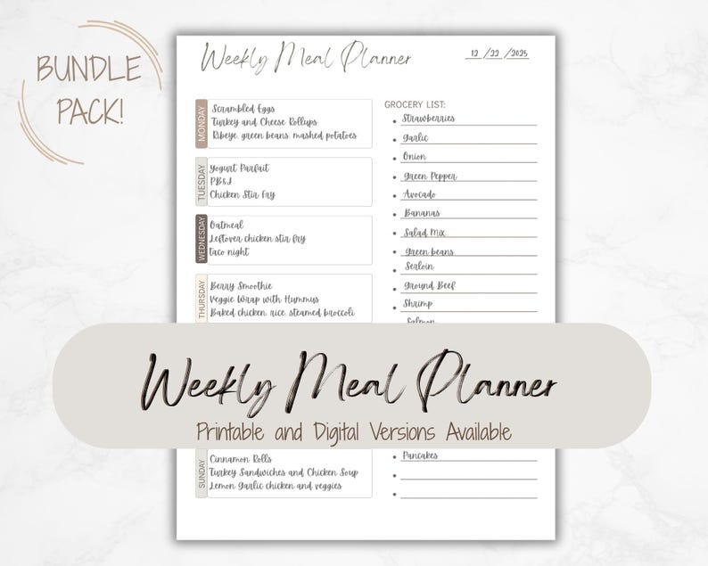 Minimalist Meal Planning Bundle | Weekly Meal Plan + Grocery List ...
