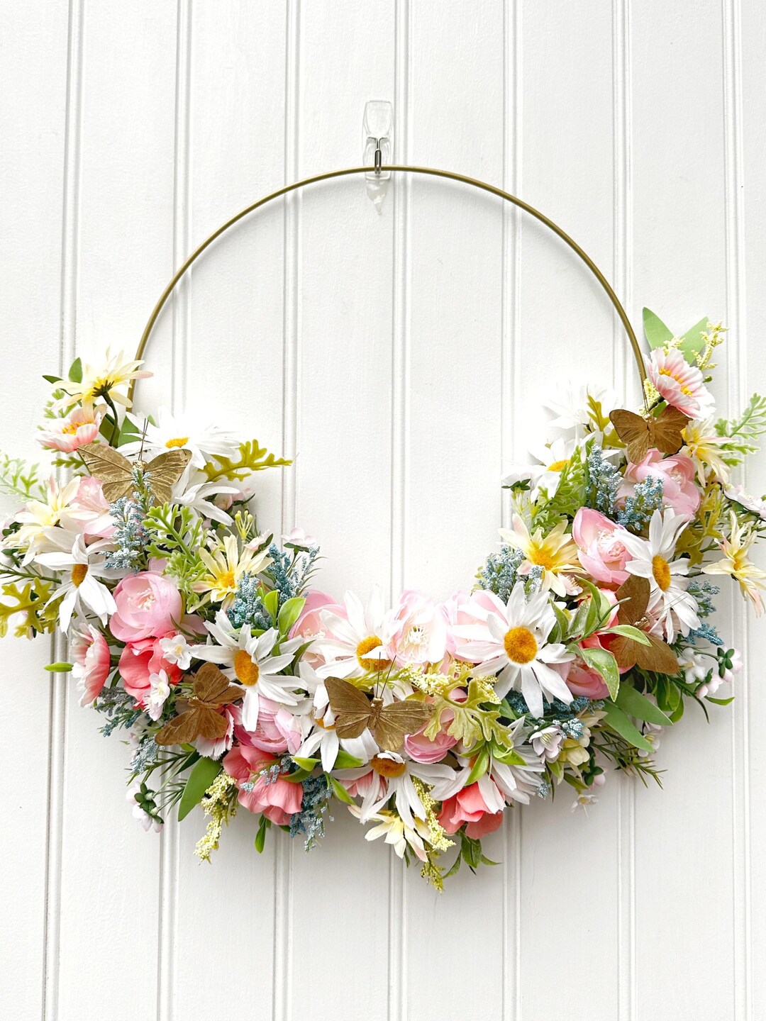 Butterfly Wreath for Spring Decor, Floral Door Hanging, Pastel Spring ...