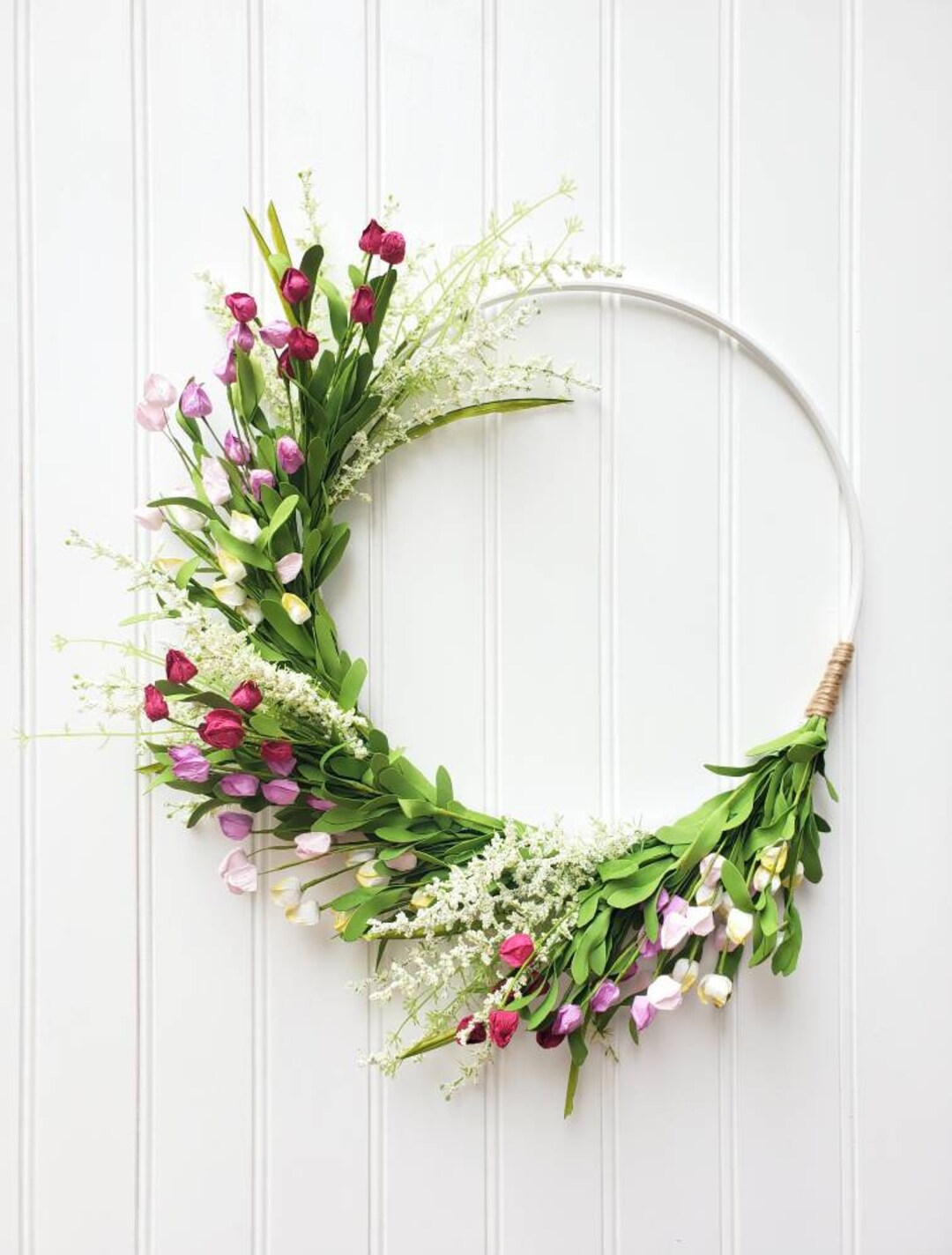 Pink Floral Spring Wreath, Modern Door Wreath, Spring Hoop Wreath ...