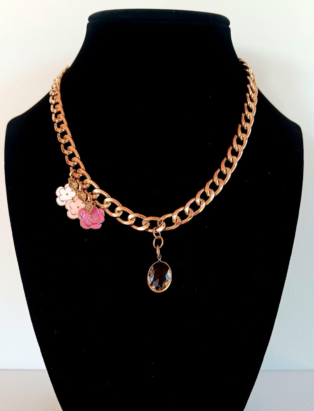 Gold Color Chain Necklace With 3 Flower Charms and Glass Pendant - Etsy