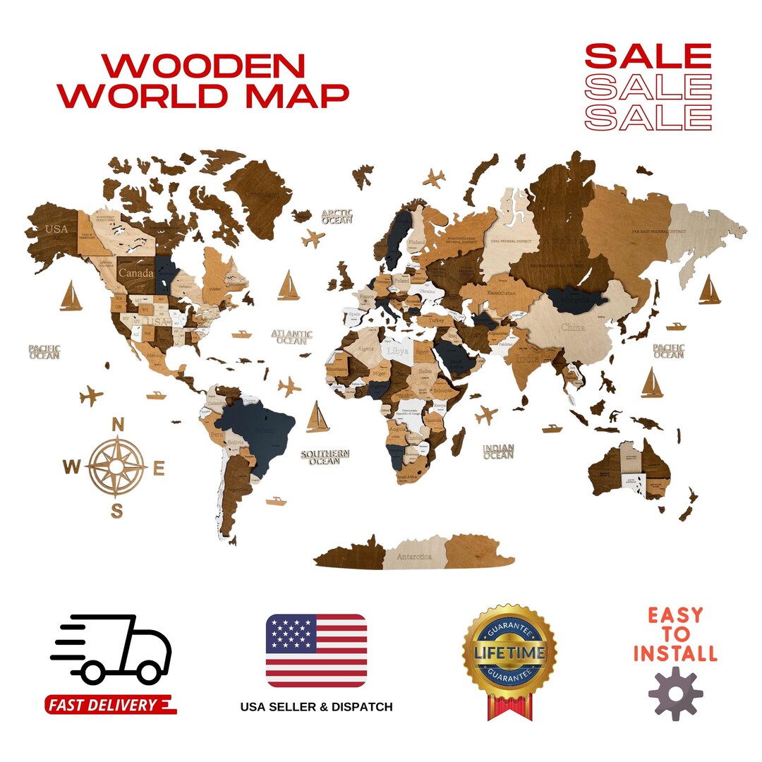 Handcrafted Wood World Map Wall Art, Large Wall Map, Travel Map Push ...