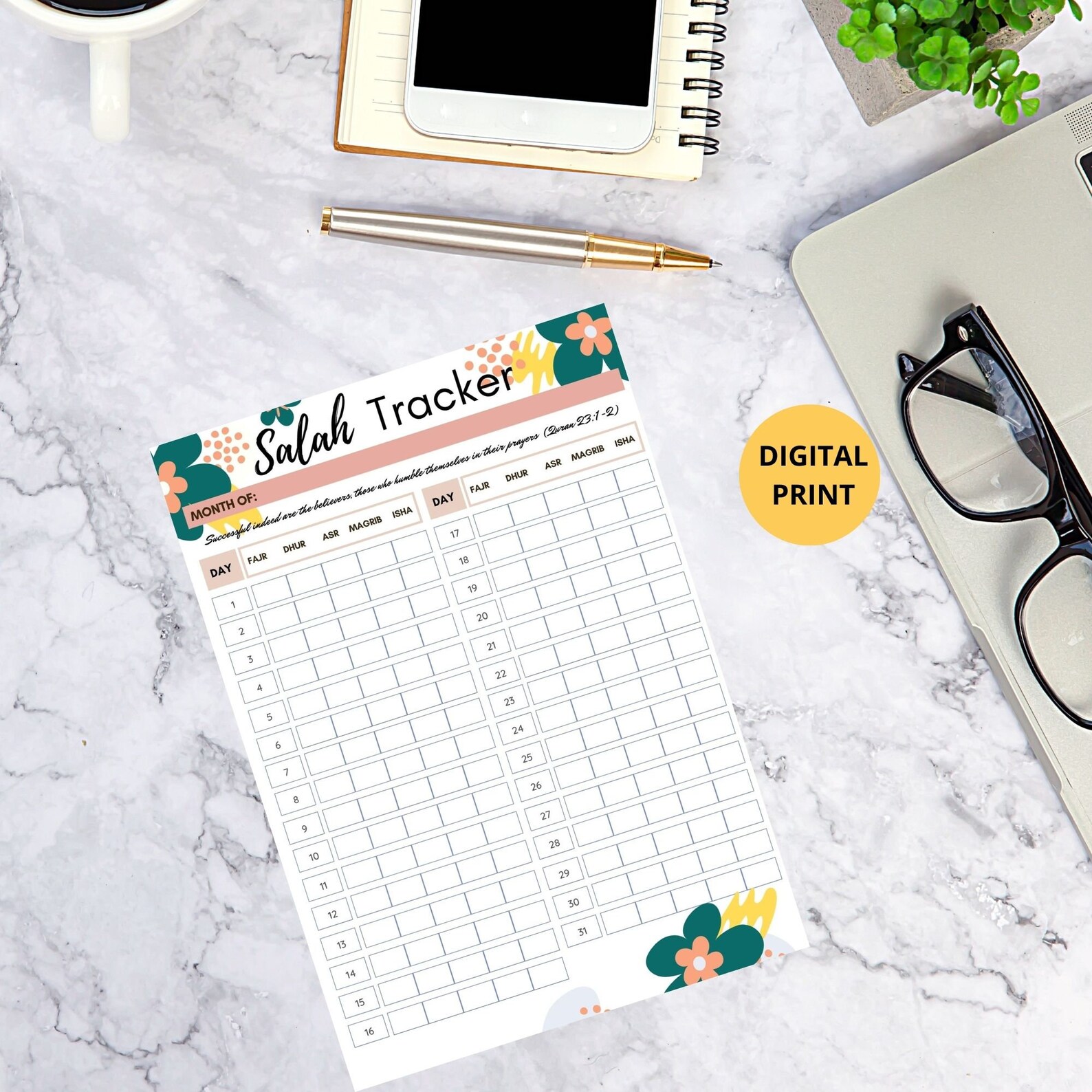 Salah Prayer Tracker, Islamic Monthly Calendar, Islamic Daily Planner ...