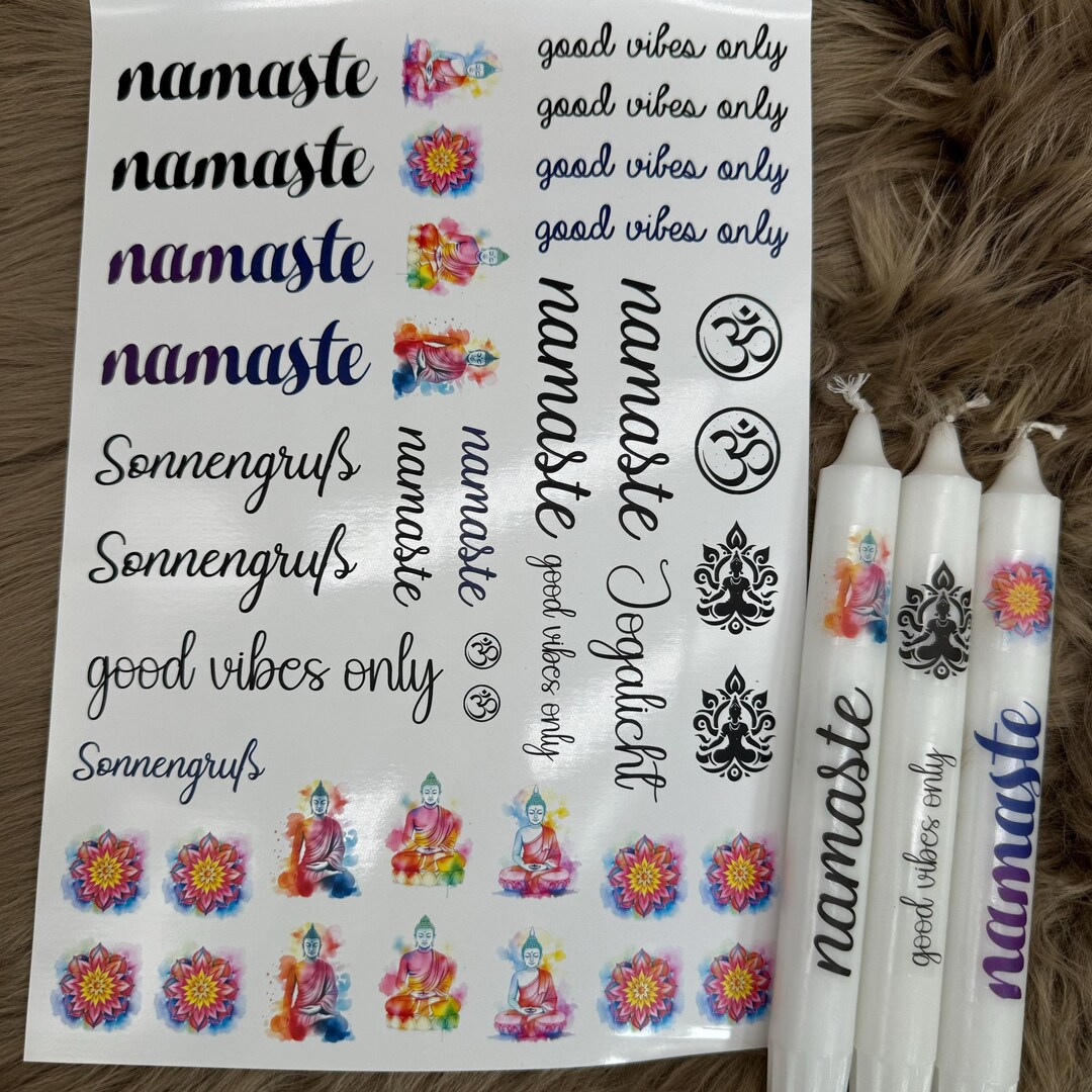 Candle Sticker Namaste Om Buddha Flowers Sun Salutation Good Vibes Only ...