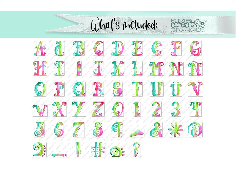 Watercolor Doodle Alphabet PNG: Rainbow Curls and Dots (digital ...
