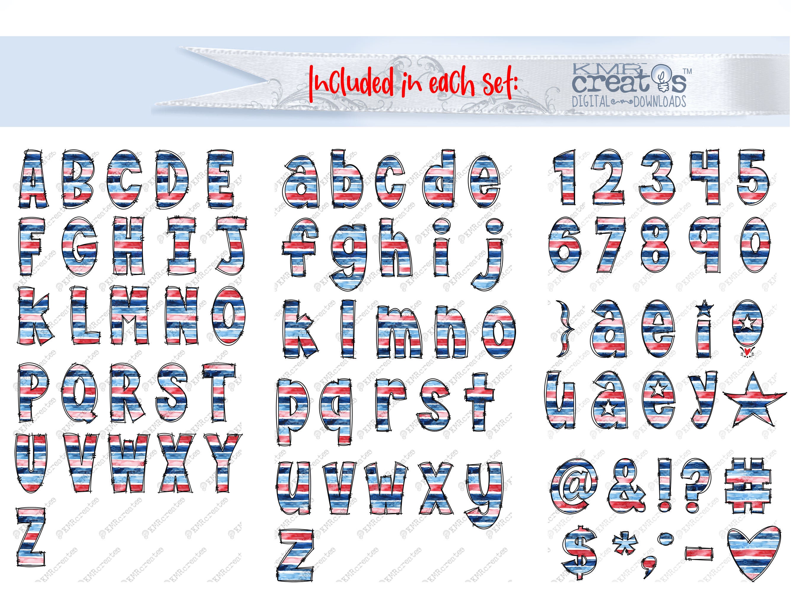 Floral Stripes Bows Patriotic Letters, Patriotic Alphabet, 4th of July ...