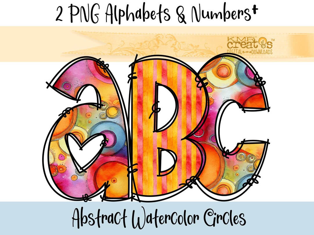 Watercolor Circles Alphabet PNG: Rainbow Doodle Letters (digital ...
