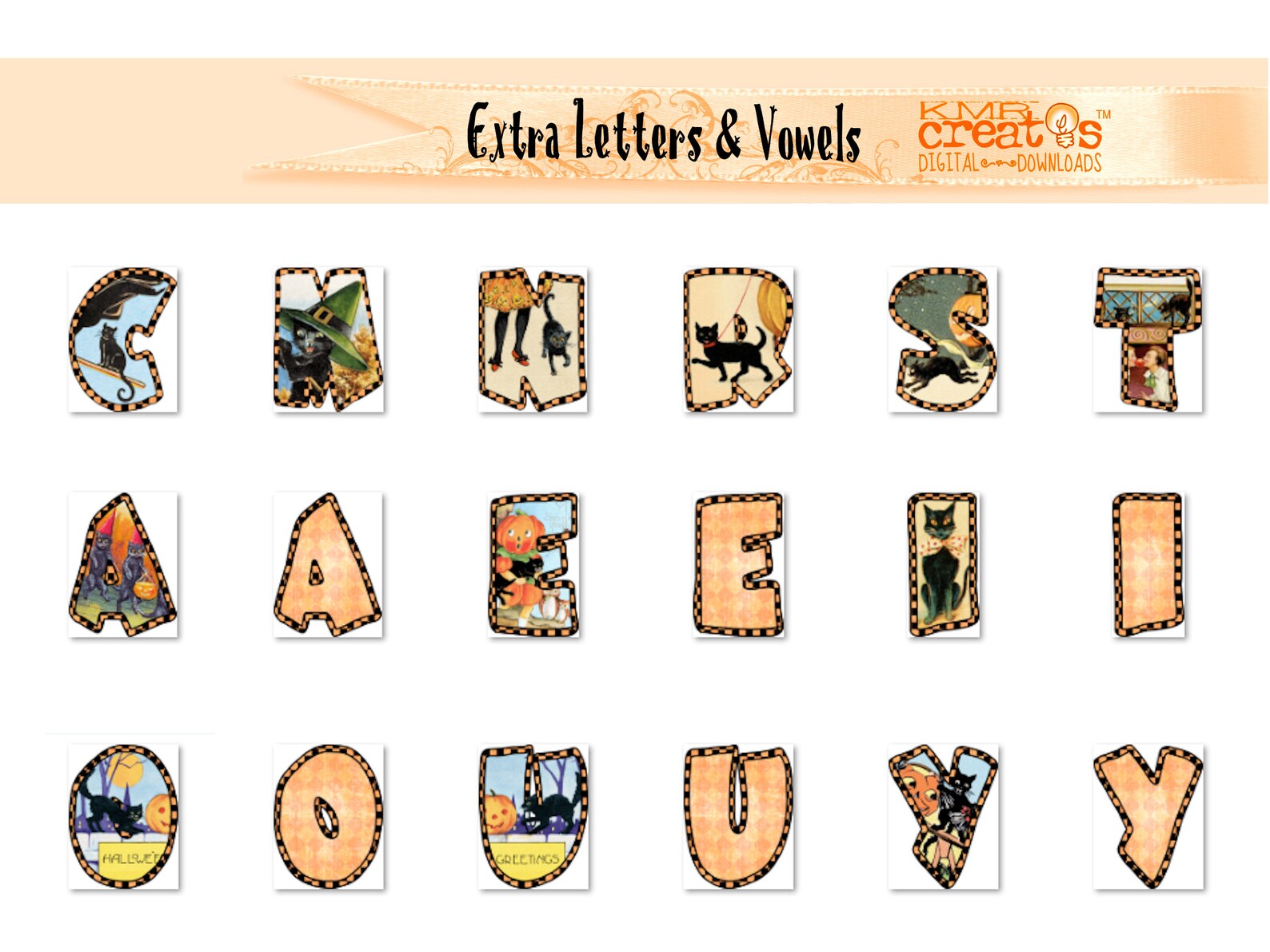 Halloween Letters Black Cat Alphabet Vintage Retro Design - Etsy