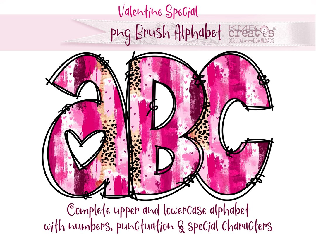 Valentine Pink Brush Alphabet: Leopard and Hearts PNG Letters (digital ...