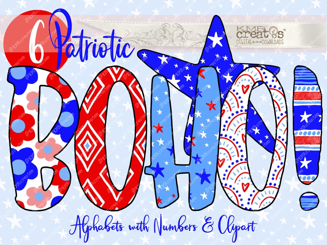 Patriotic Boho Alpha, Doodle Alphabet Font, Americana Clipart, Stars ...