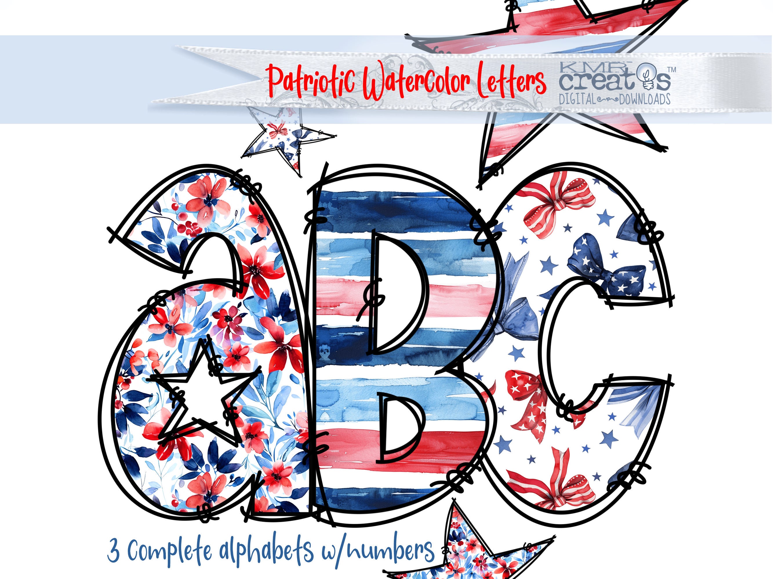 Floral Stripes Bows Patriotic Letters, Patriotic Alphabet, 4th of July ...