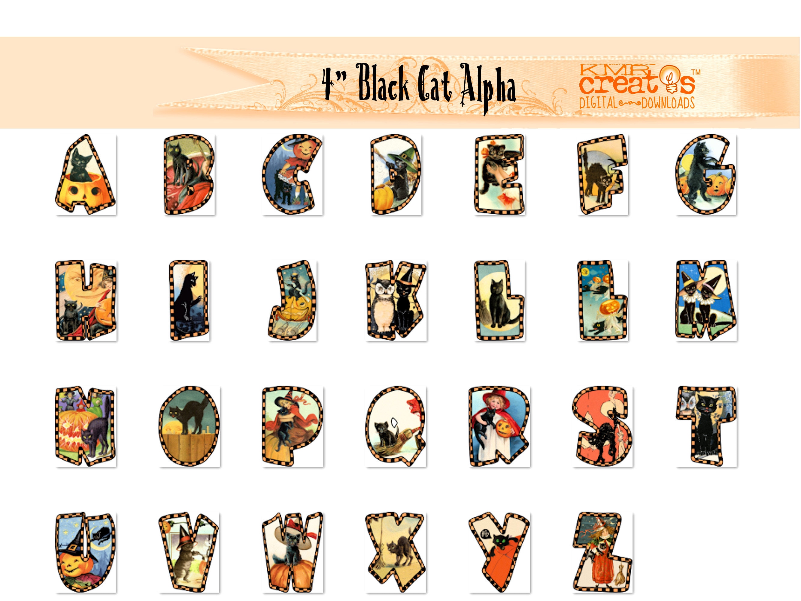 Halloween Letters Black Cat Alphabet Vintage Retro Design - Etsy
